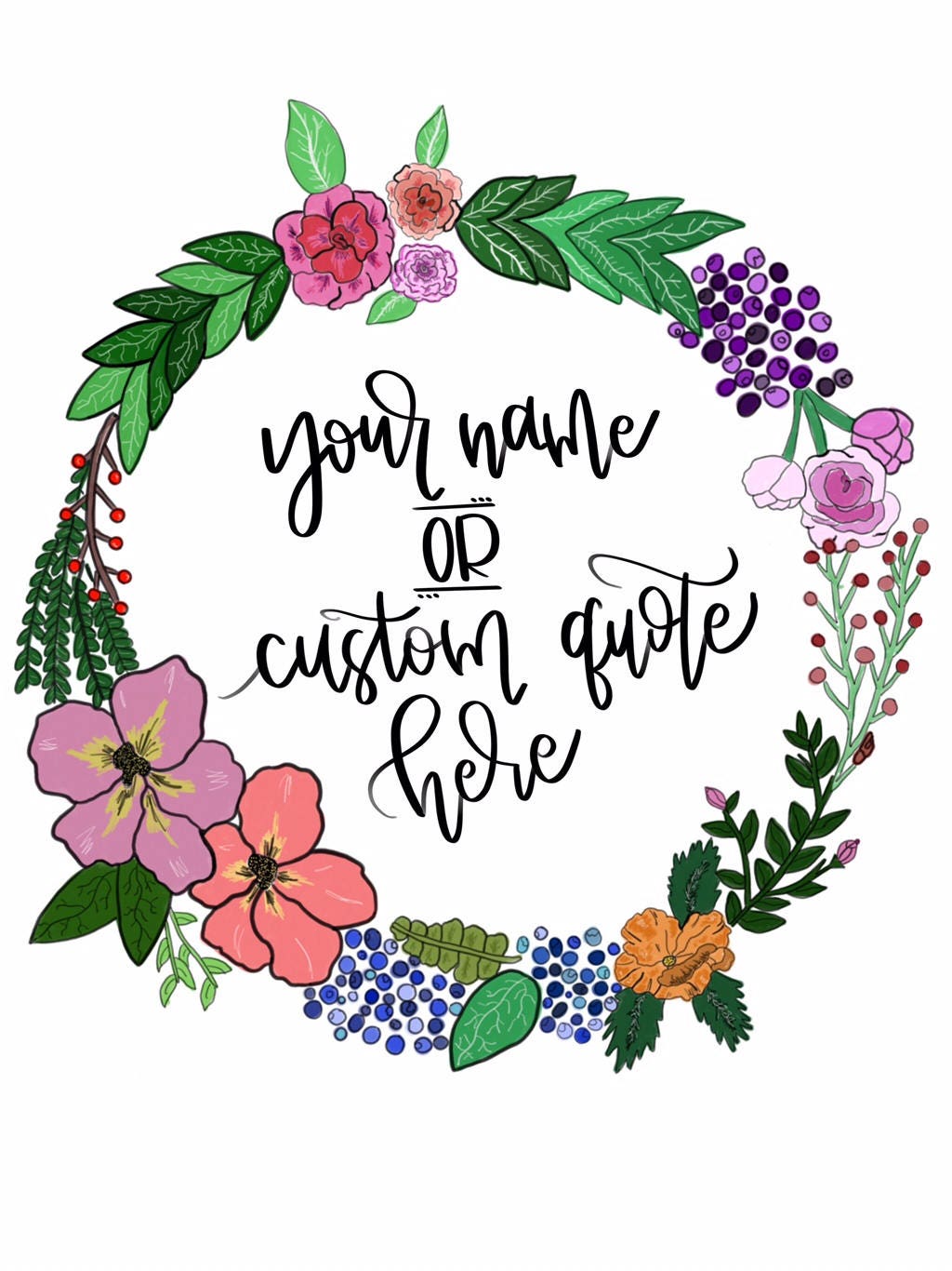 Your Name or Custom Quote Floral Wreath Printable Instant Download - Etsy