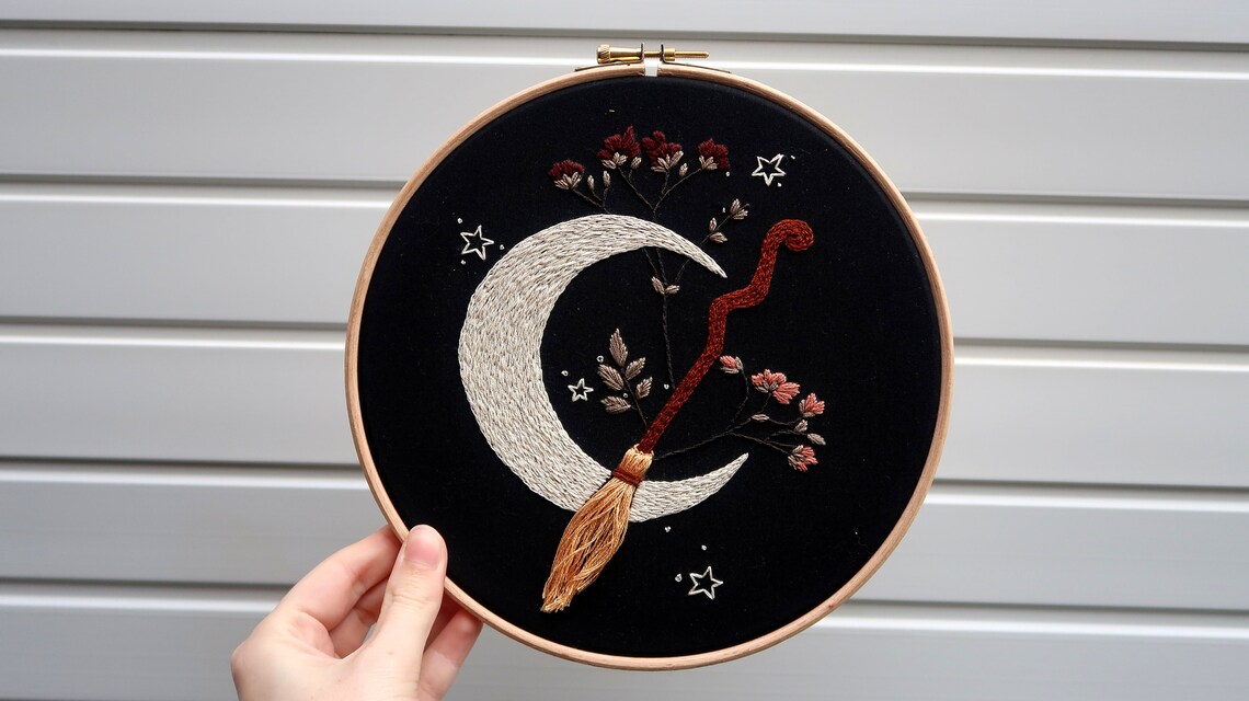 Halloween Moon and Broom Hand Embroidery PDF Downloadable | Etsy
