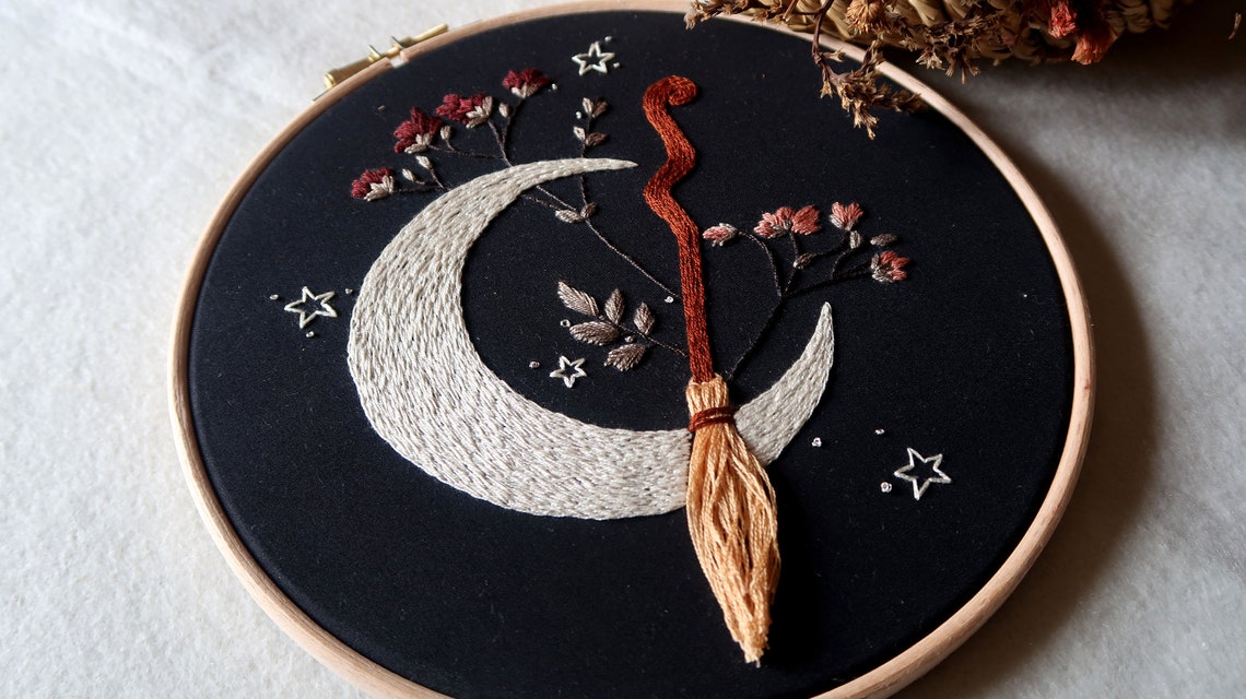Halloween Moon and Broom Hand Embroidery PDF Downloadable | Etsy