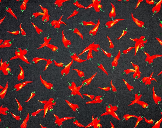 Chili Peppers Fabric by Alexander Henry, Red Peppers on Black, 1.25 ...