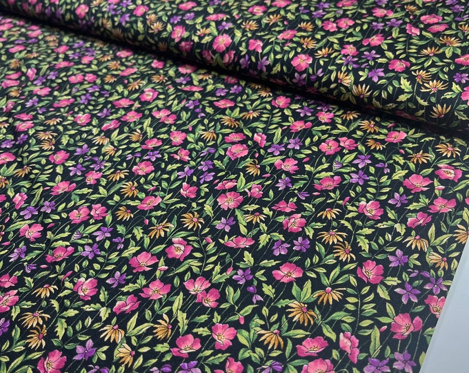 Prairie Flowers Fabric A613 by Hoffman, Floral on Black Background, 1 ...