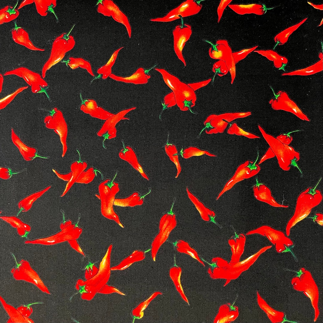 Chili Peppers Fabric by Alexander Henry, Red and Green on Black, 100% ...