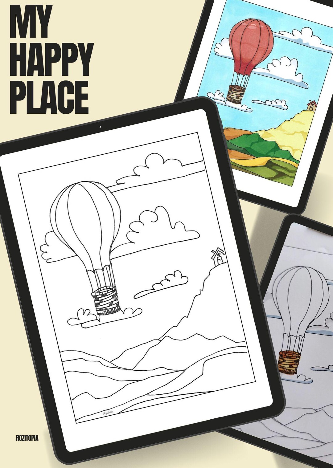 Hot Air Balloon Escape Coloring Page - Printable Relaxing Landscape Art ...
