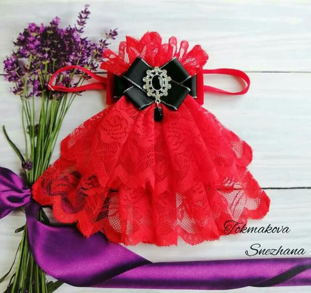 Red Lace Bow Tie Brooch Jabot With Rhinestones Ladies Bow Tie Brooch ...