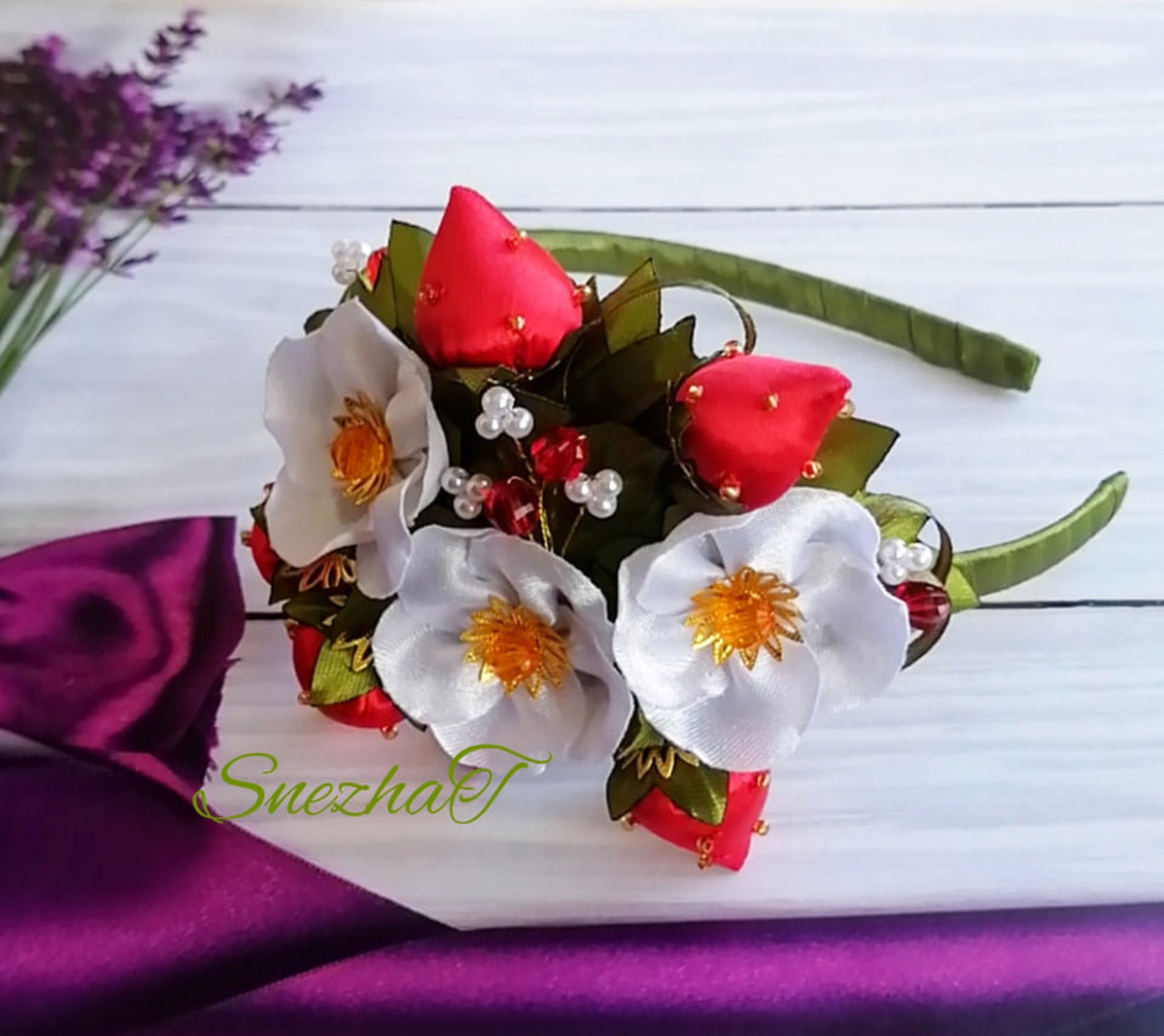 Strawberry Headband Summer Berry Headband Red Green Headband Kanzashi ...