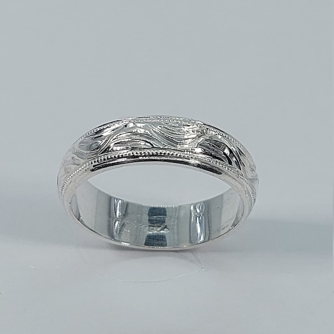 Silver Band, Hand Engraved Band, Engraved Silver Band, Unisex Silver ...