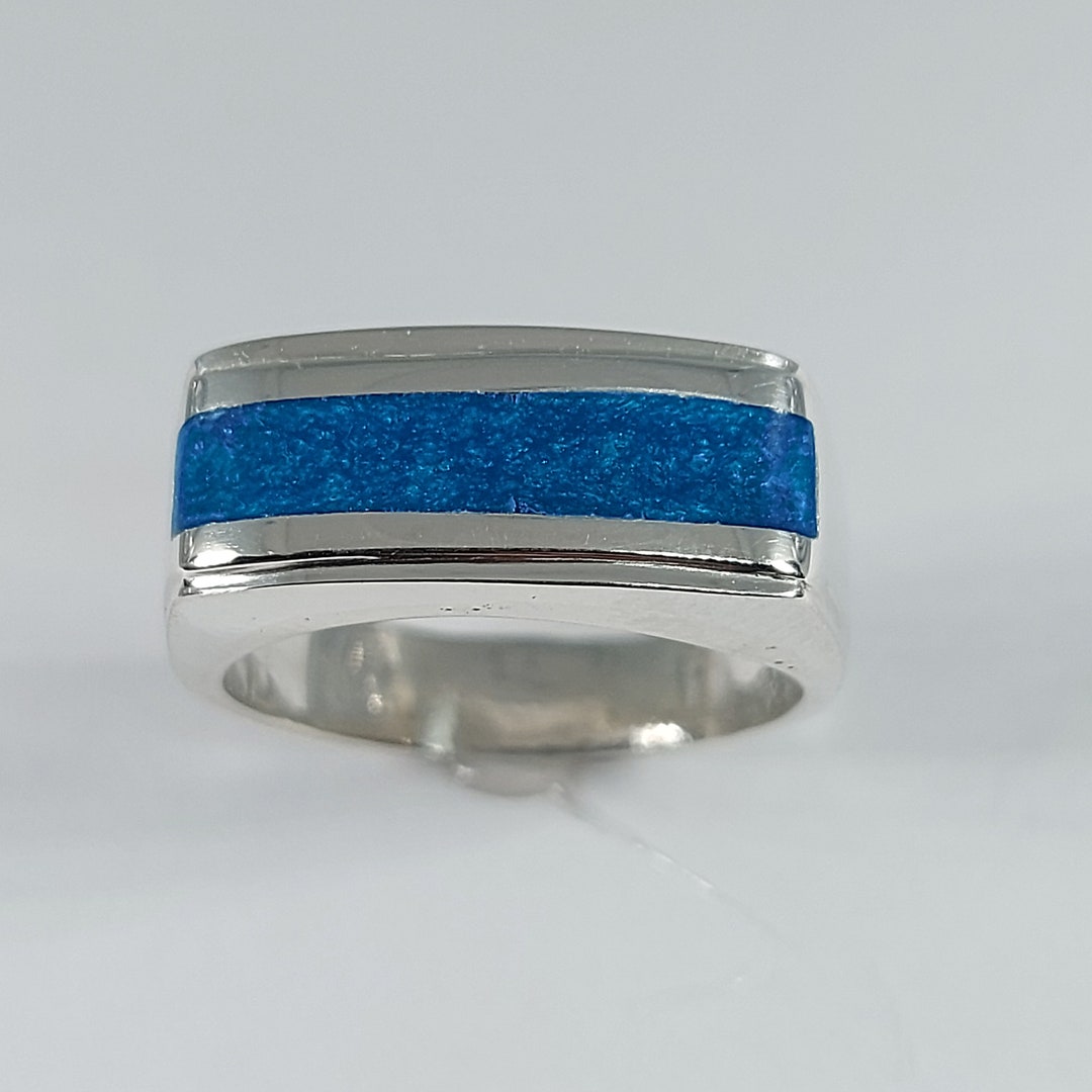 Sterling Silver Epoxy Resin Signet Ring: Blue Stone Band - Etsy