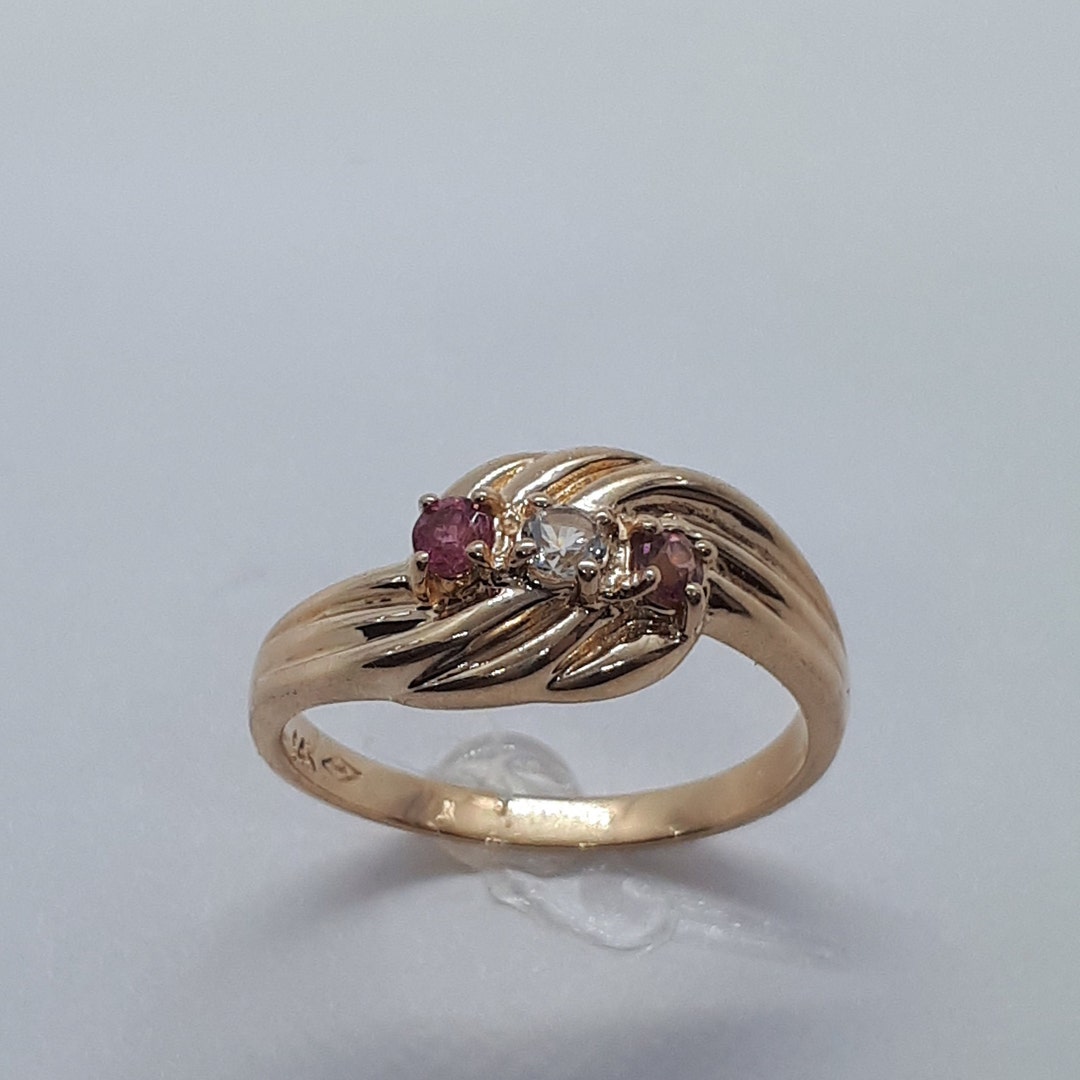 Yellow Gold Ring Family Ring Three Stone Ring Pink - Etsy