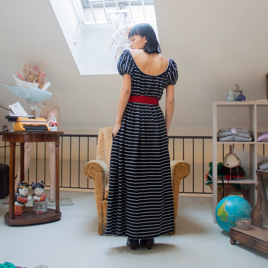 Kenzo Early 1980's Black and White Striped Cotton Flare Maxi Dress With ...