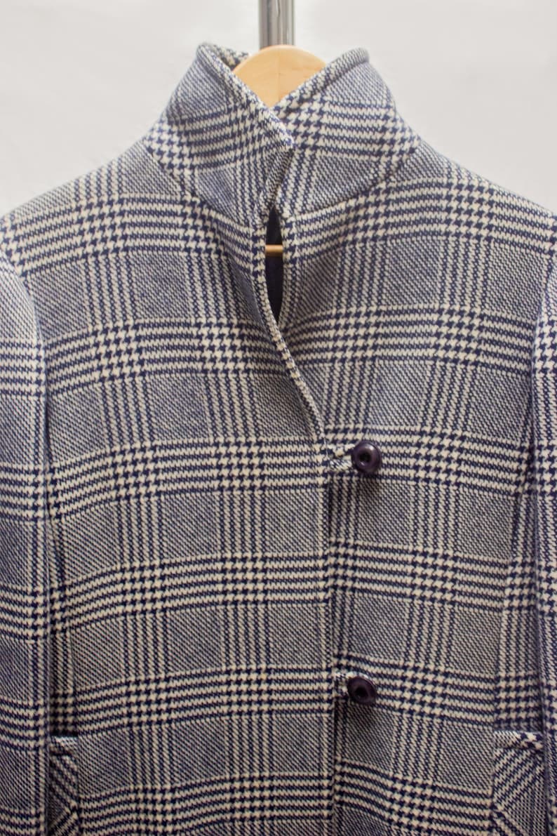 1960s White and Blue Wool Plaid Pattern Funnel Neck Architectural ...