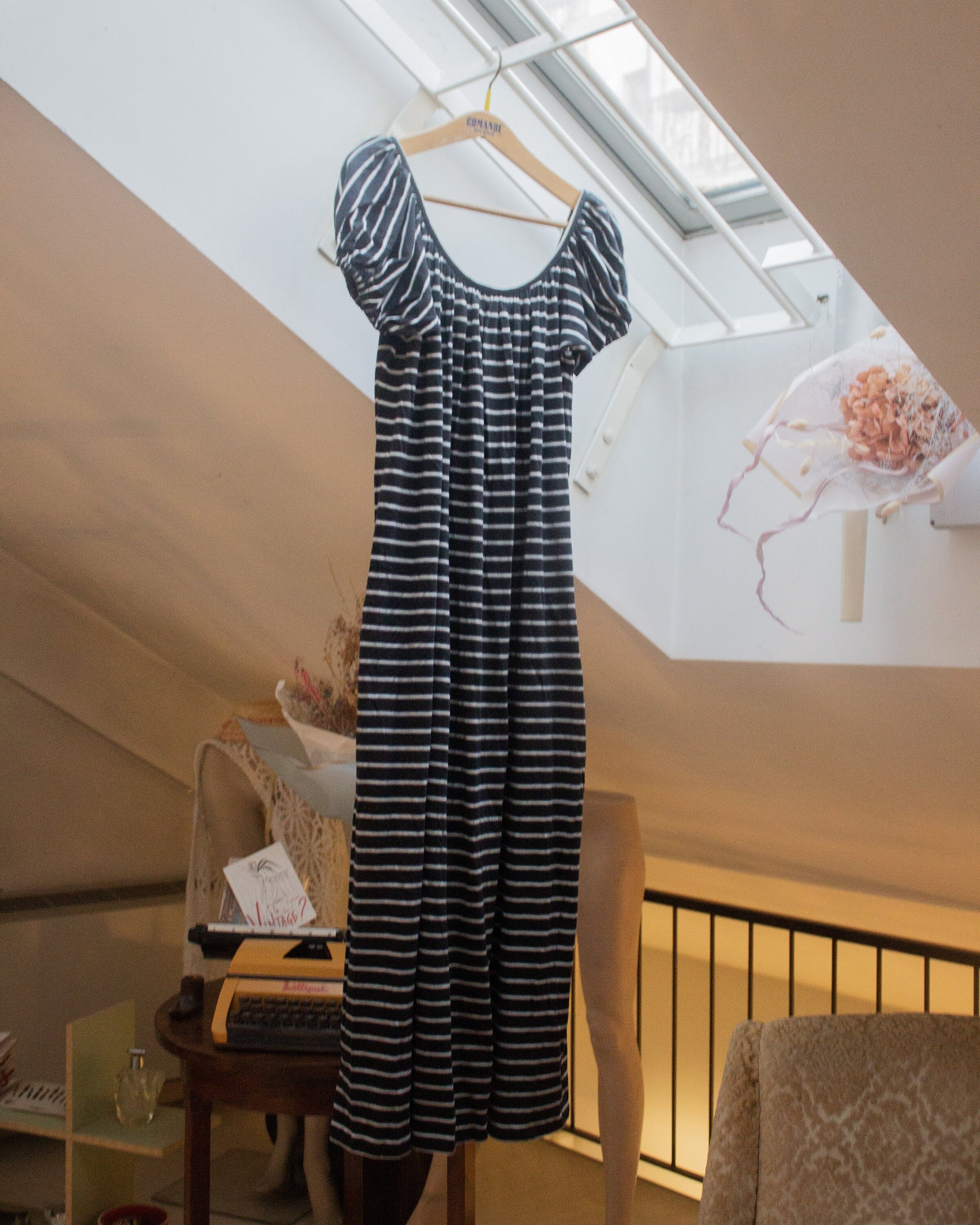 Kenzo Early 1980's Black and White Striped Cotton Flare Maxi Dress With ...