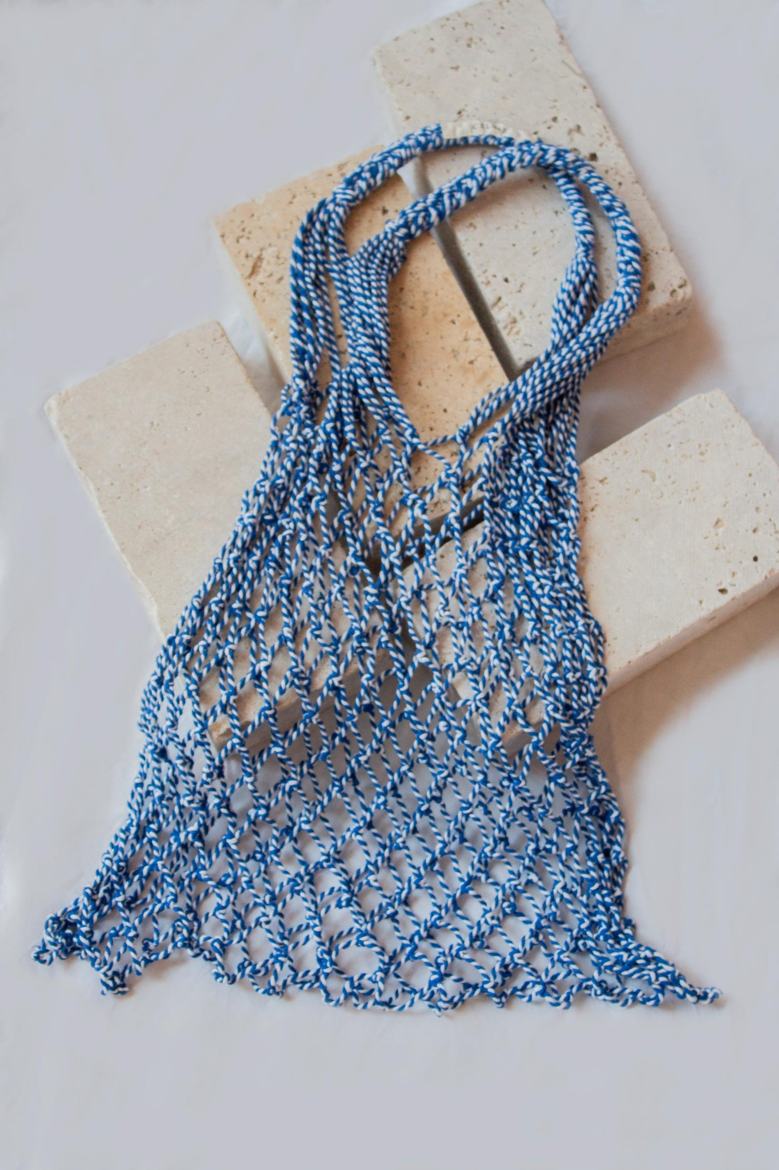 Céline by Phoebe Philo Blue and White Woven Cotton Fishnet Top Handle ...