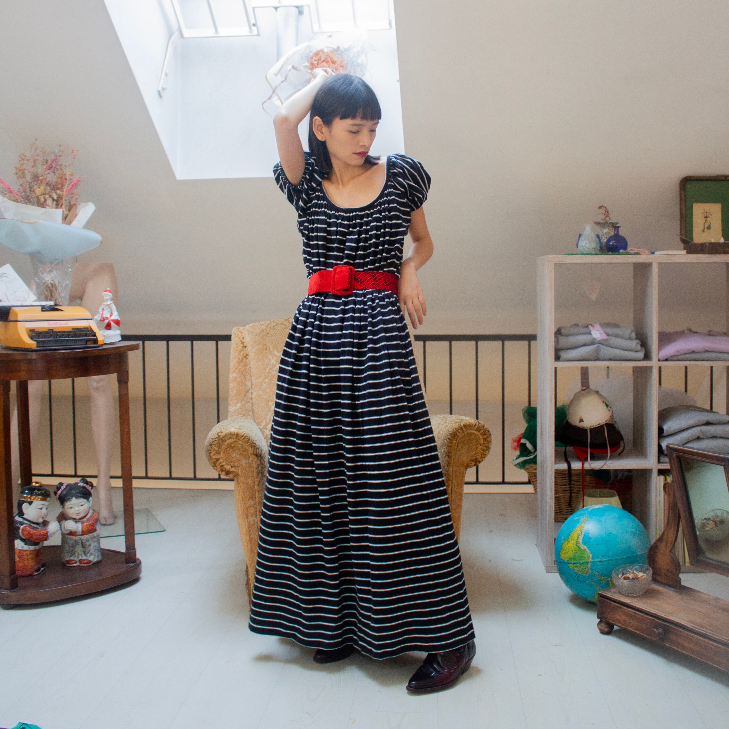 Kenzo Early 1980's Black and White Striped Cotton Flare Maxi Dress With ...