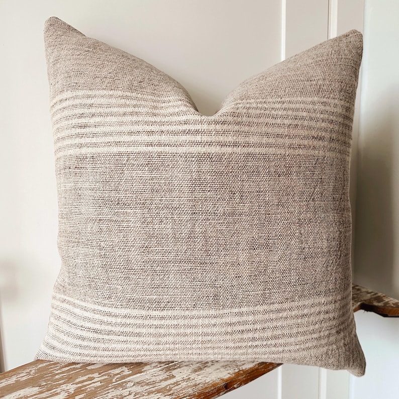 100% Linen Striped Neutral Decor Pillow Cover | Natural Tan & Soft ...