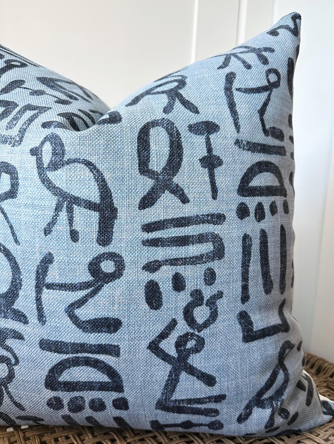Light Blue Linen Blend Pillow Cover: Indigo Egyptian Hieroglyphic Print ...