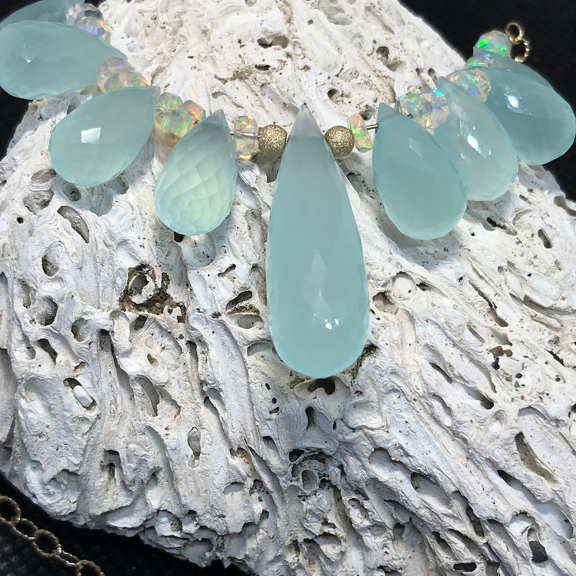 Fiery Ethiopian Opals and Glowing Ocean Chalcedony Necklace With 14K ...