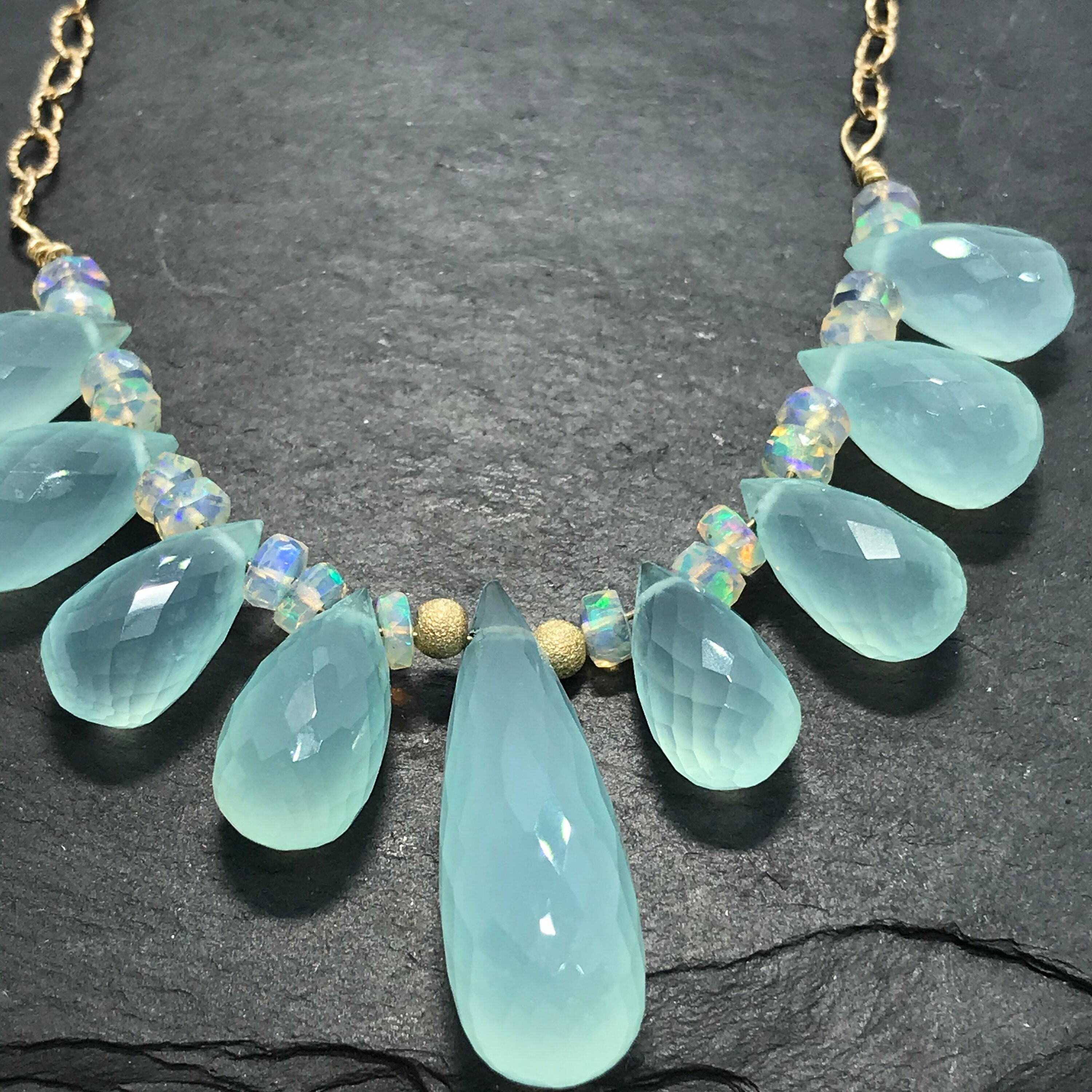 Fiery Ethiopian Opals and Glowing Ocean Chalcedony Necklace With 14K ...