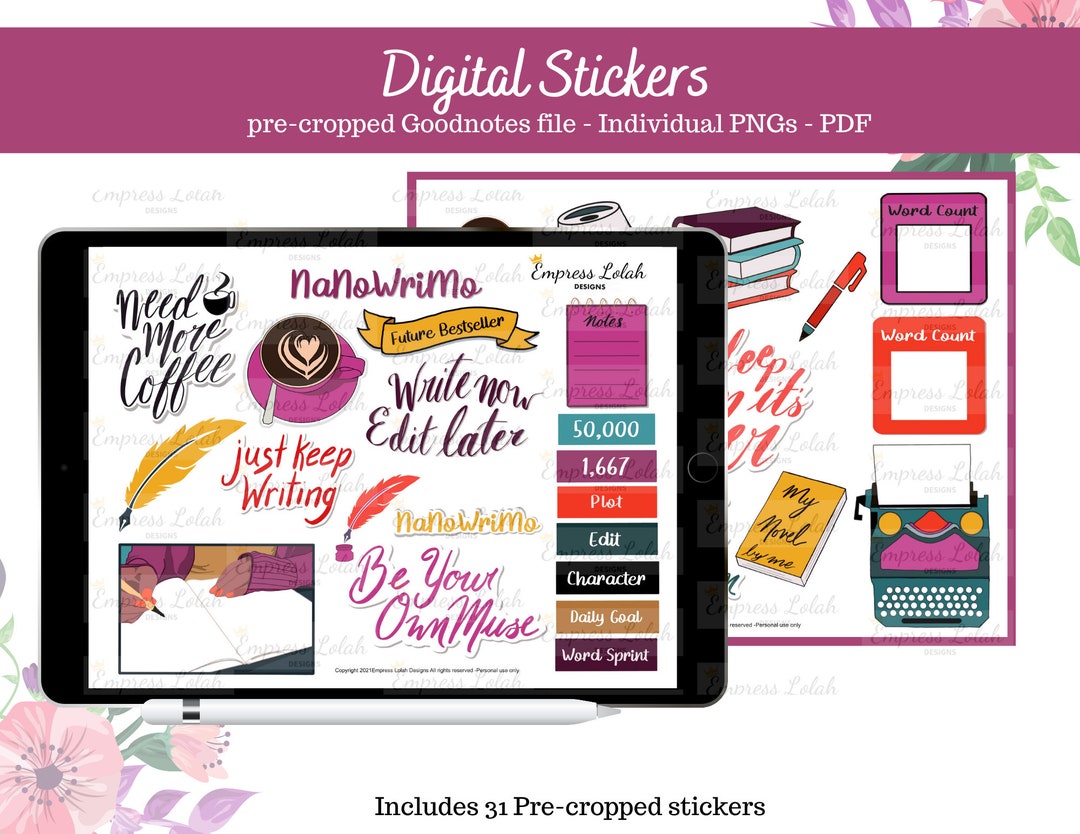 Writing Digital Planner Digital Stickers for Goodnotes- Nanowrimo ...