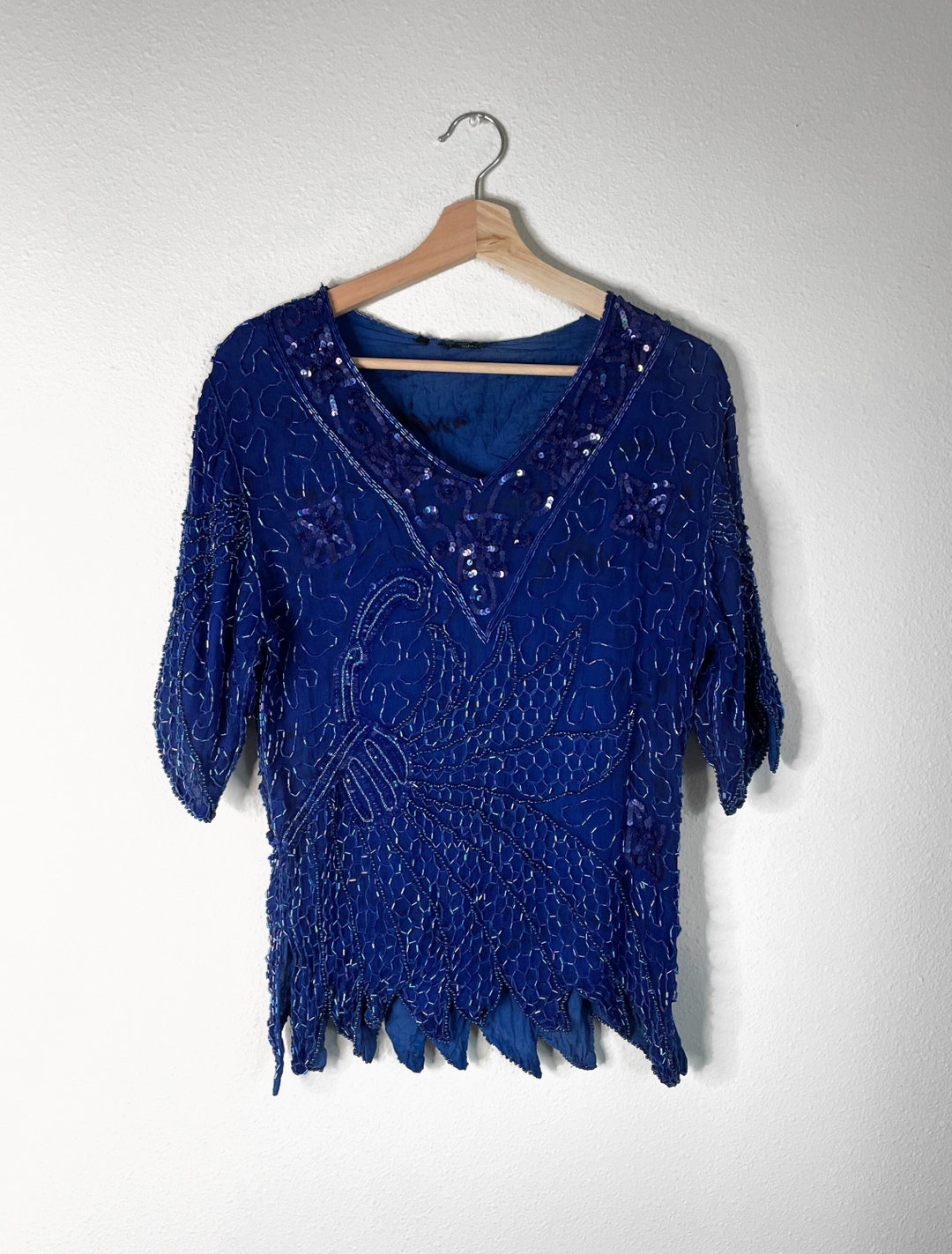 VTG 80s 90s Cobalt Blue Sequin Beaded Blouse | 100% Silk | * as Is* - Etsy