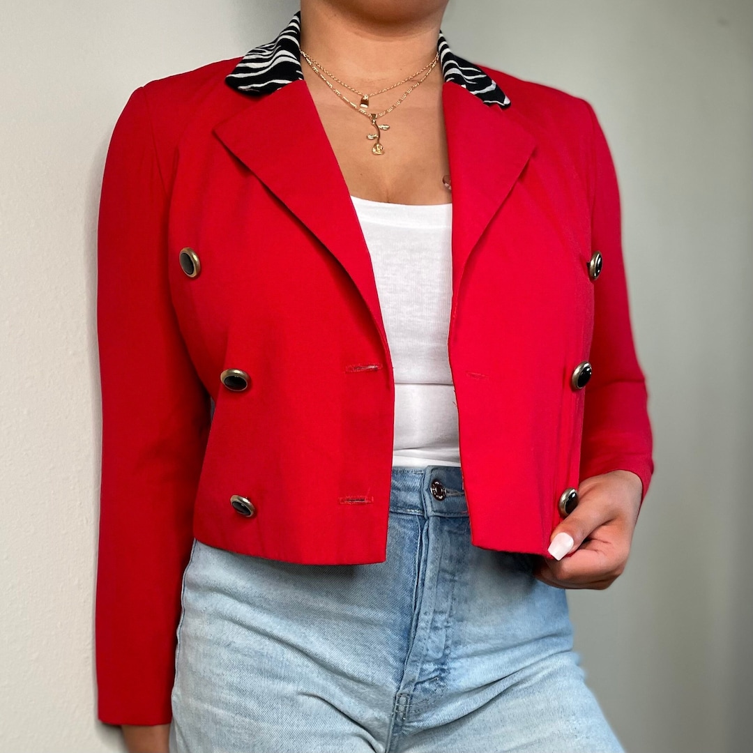 Red Cropped Blazer With Zebra Accents Double Breasted Zebra Print ...