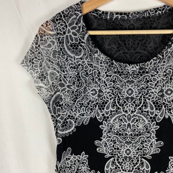 Black Micro Mesh Shirt w Graphic Print Detail + Rhine… - Gem