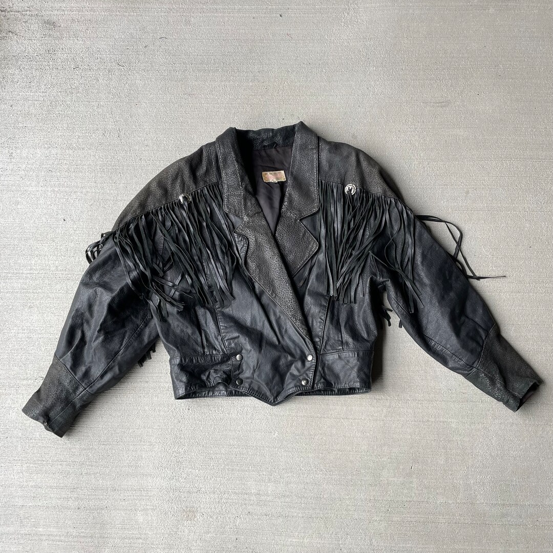 Vintage 80s Fringe Cropped Black Leather Jacket | Size S/m - Etsy