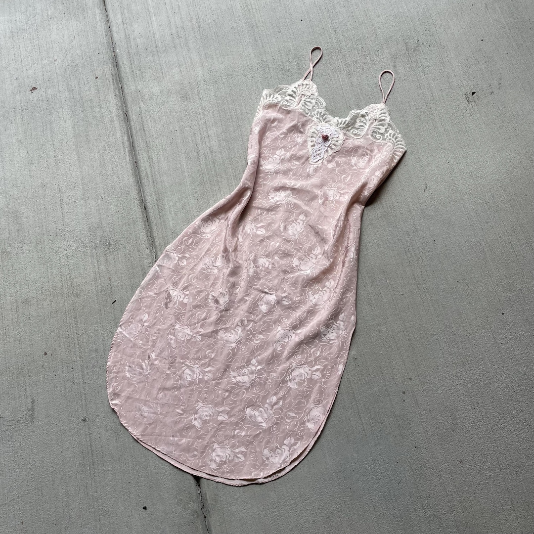 90s Vintage Pink Satin Floral Slip Dress With Lace and Rosette Details ...