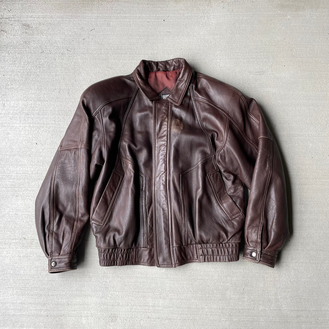 Vintage Brown Leather Bomber Jacket Oversize Heavy Aviator Jacket ...