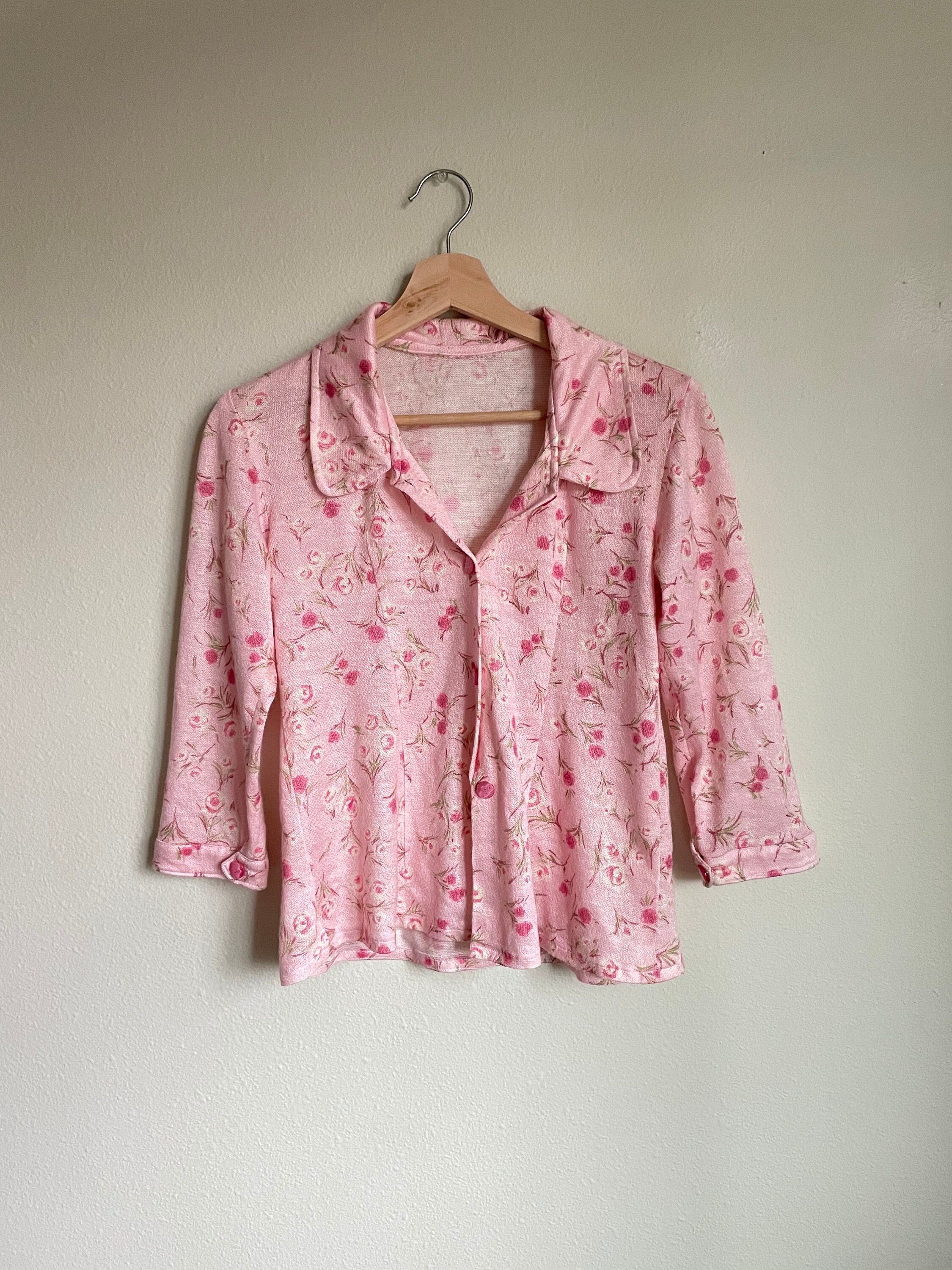 Vtg Pink Floral Cardigan Cottagecore Coquette Fairy Rose Print Fits M ...