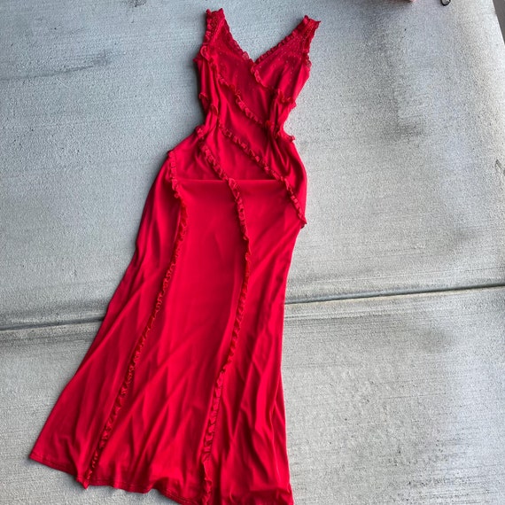 y2k vintage 2000s red ruffle beaded formal dress | si… - Gem