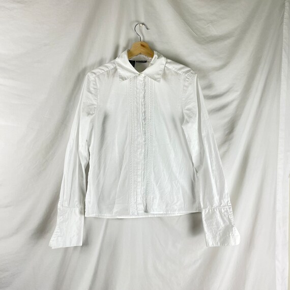 White Collared Cotton Blouse Pleated Lace Detail Vint… - Gem