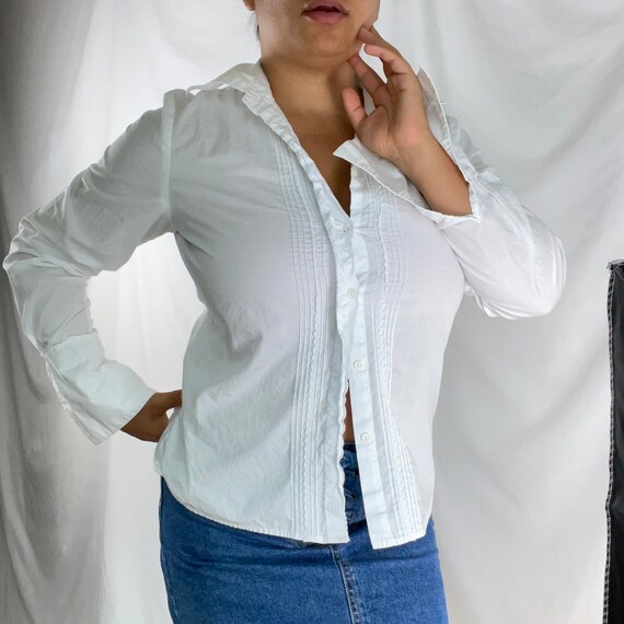 White Collared Cotton Blouse Pleated Lace Detail Vint… - Gem