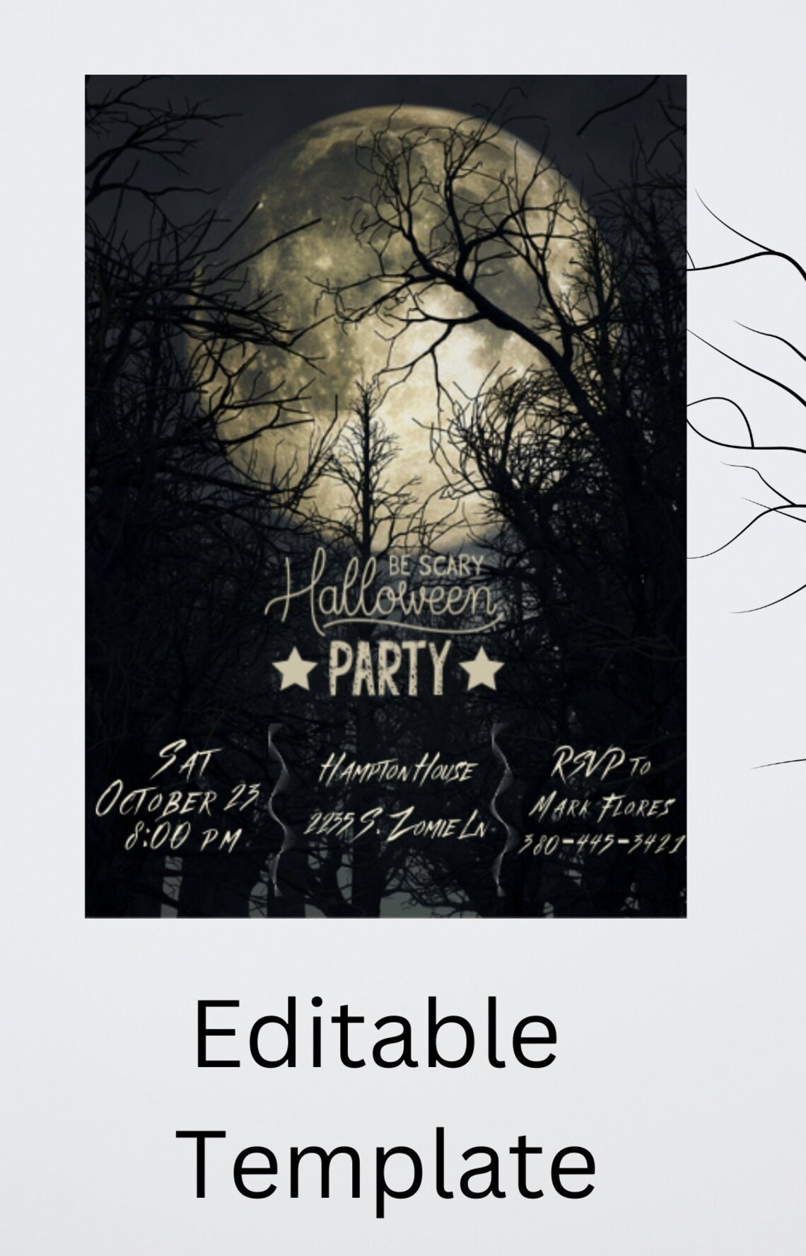 EDITABLE Scary Halloween Party Invitation Template Black and White Moon ...