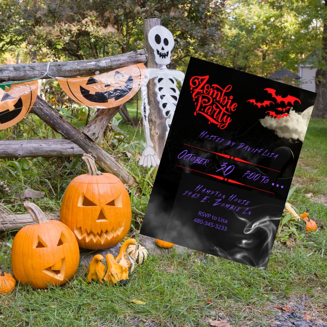 Halloween Party Printable Invitation Template, Zombie Party Black Red ...