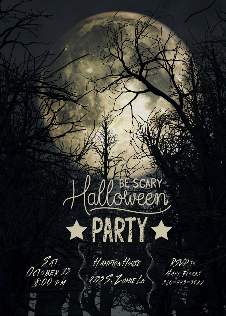 EDITABLE Scary Halloween Party Invitation Template Black and White Moon ...