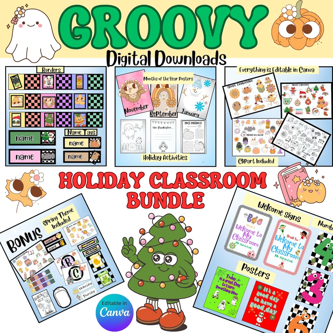 Groovy Holiday Classroom Decor Digital Editable Bundle Holiday ...