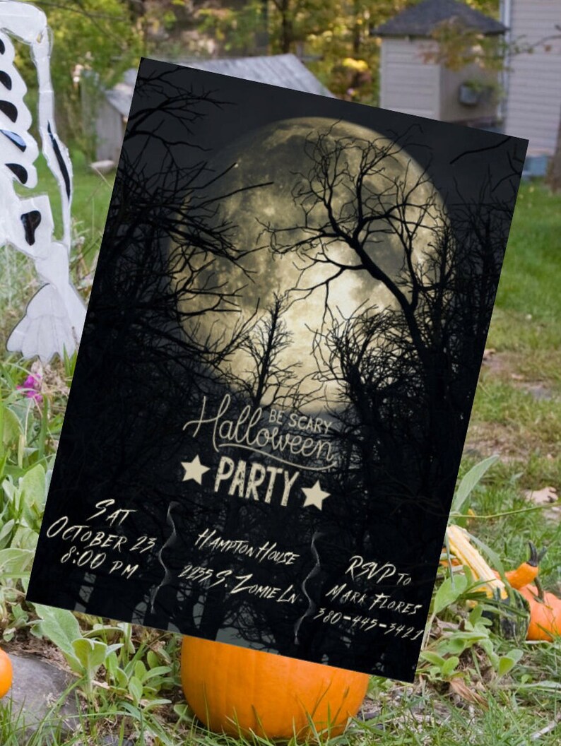 EDITABLE Scary Halloween Party Invitation Template Black and White Moon ...