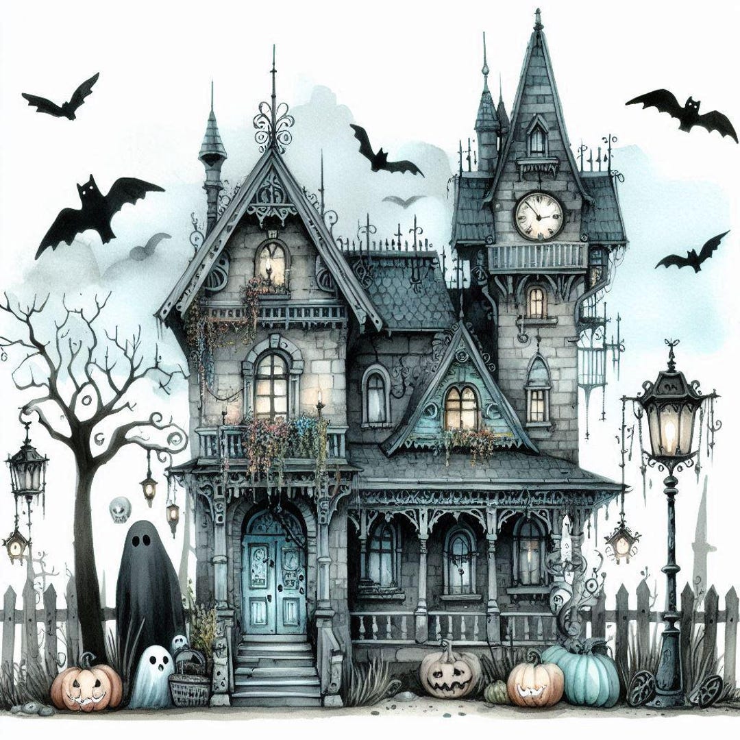 Vintage Haunted House Clipart: Spooky Gothic Halloween PNG JPEG Files ...