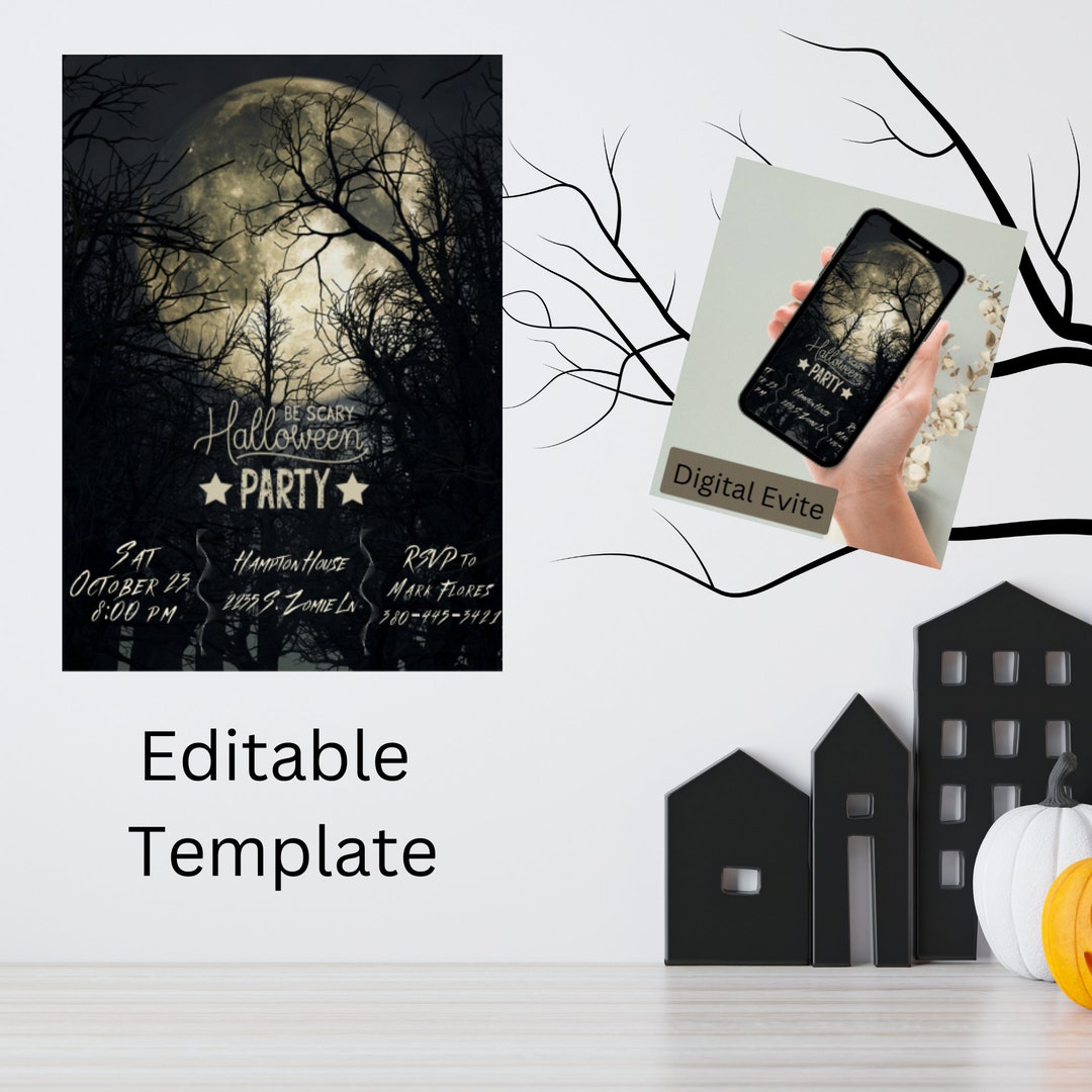 EDITABLE Scary Halloween Party Invitation Template Black and White Moon ...