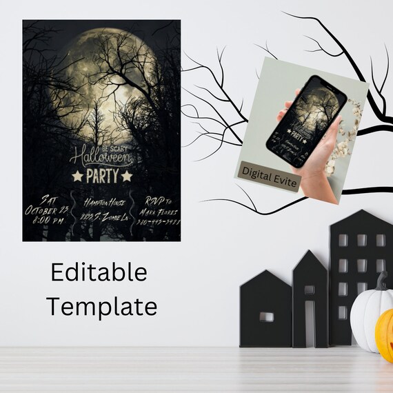 EDITABLE Scary Halloween Party Invitation Template Black and - Etsy