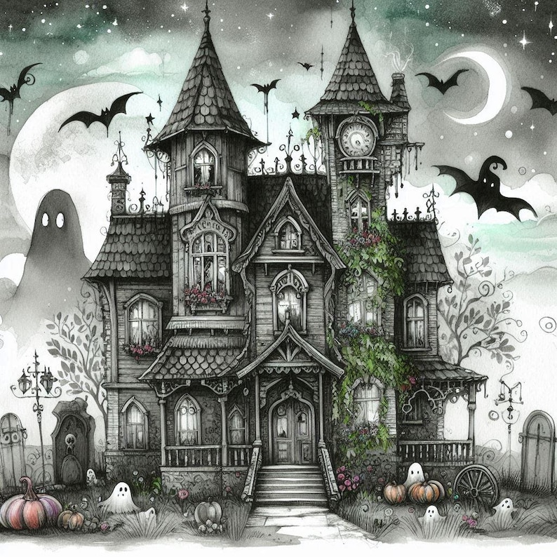 Vintage Haunted House Clipart: Spooky Gothic Halloween PNG JPEG Files ...