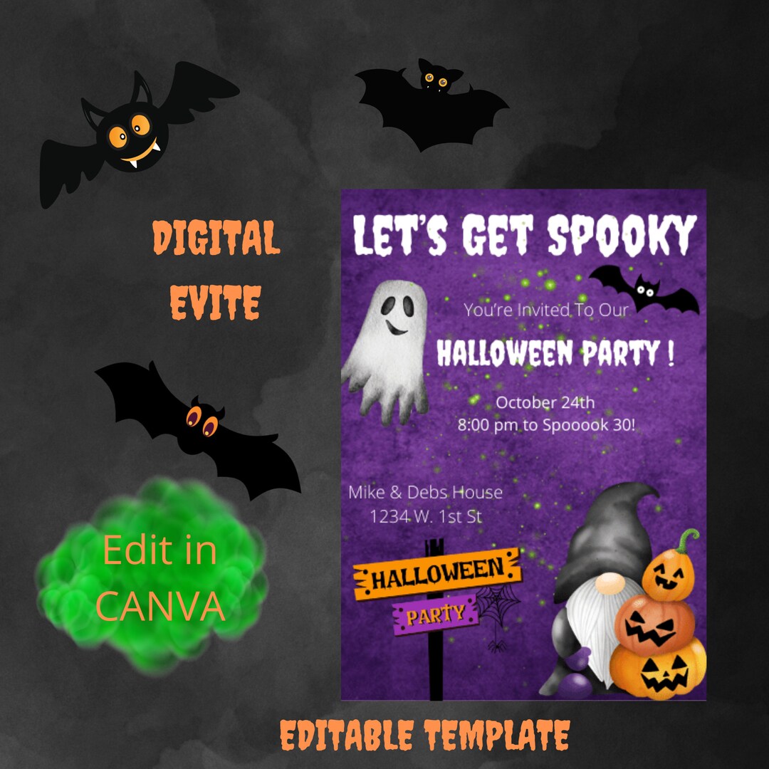EDITABLE Let's Get Spooky Halloween Gnome Ghost Bats Invitation in ...