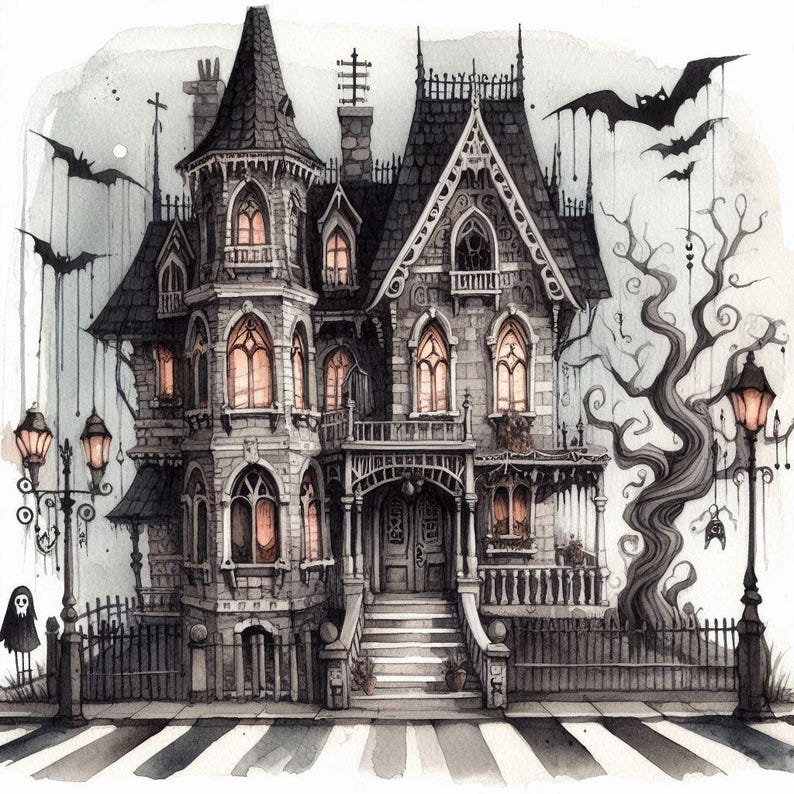 Vintage Haunted House Clipart: Spooky Gothic Halloween PNG JPEG Files ...