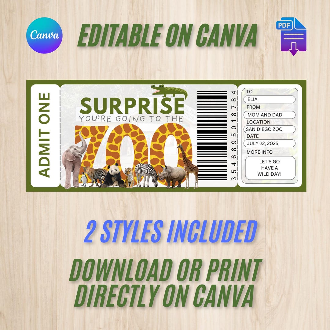 Ticket Surprise Zoo Gift Idea, Zoo Day Ticket, Printable Zoo Ticket ...