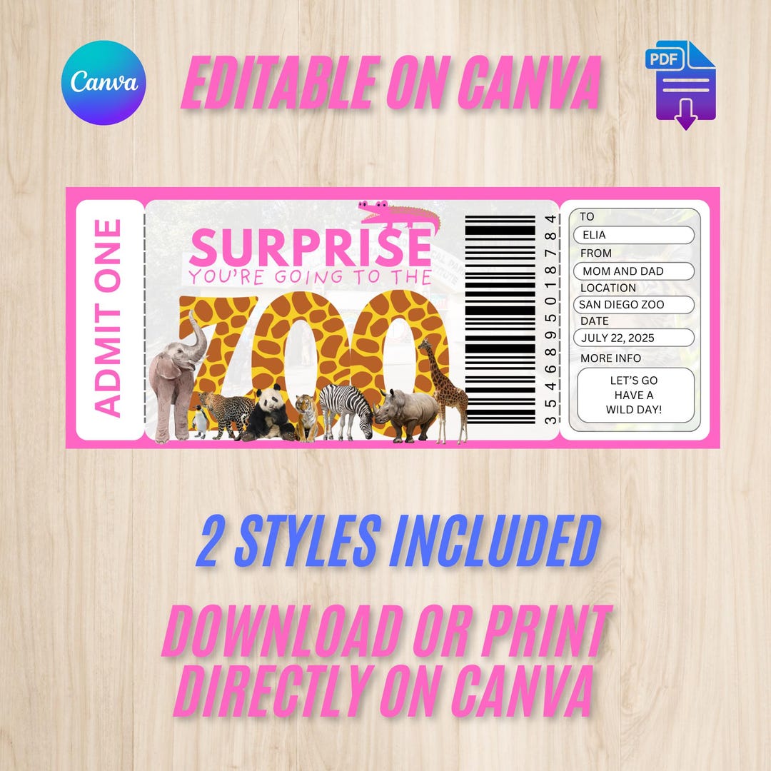 Pink Zoo Surprise Ticket, Surprise Zoo Gift, Zoo Printable Ticket ...
