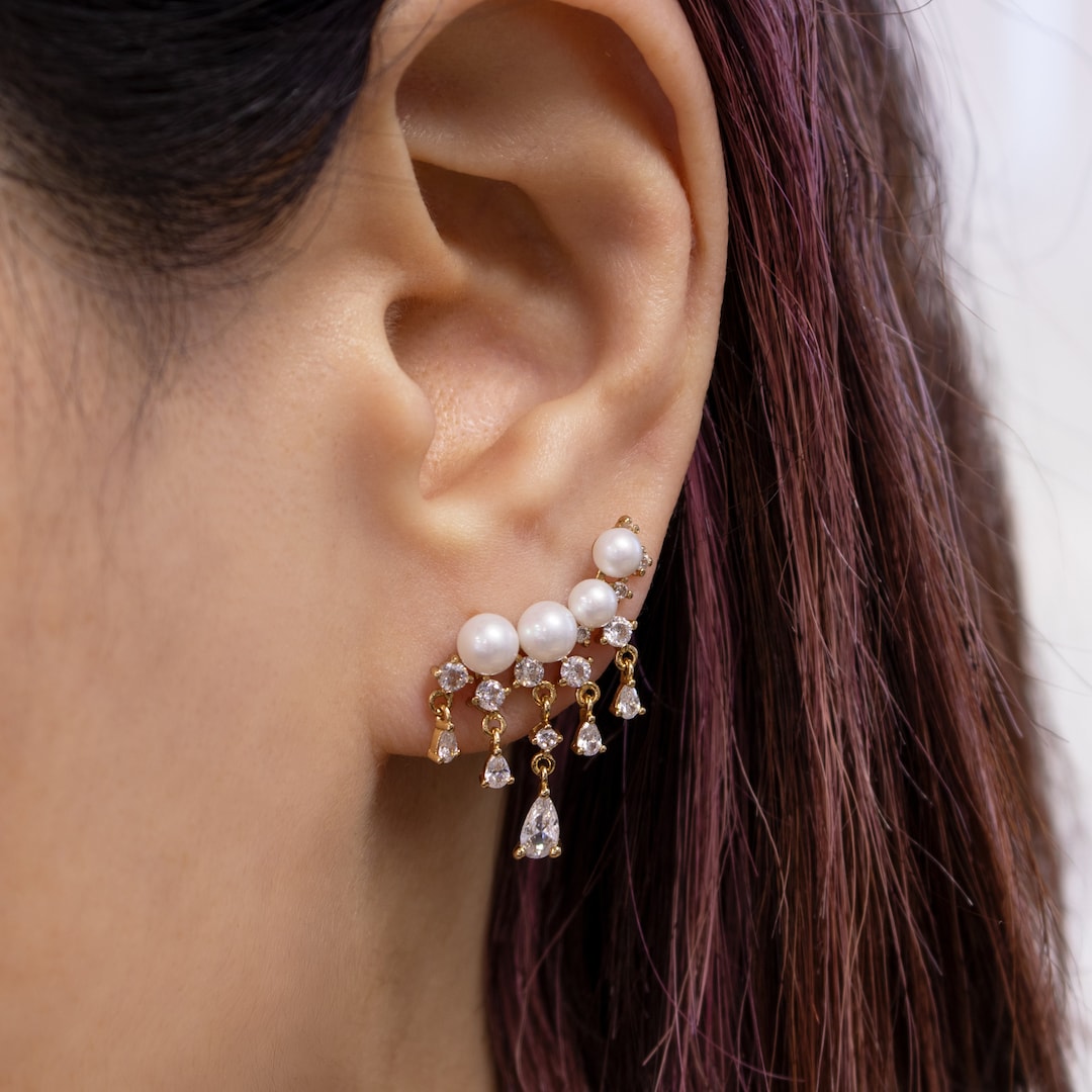 Pearl Ear Jacket Earrings for Bride Gold Wedding Gift for Bridesmaids ...