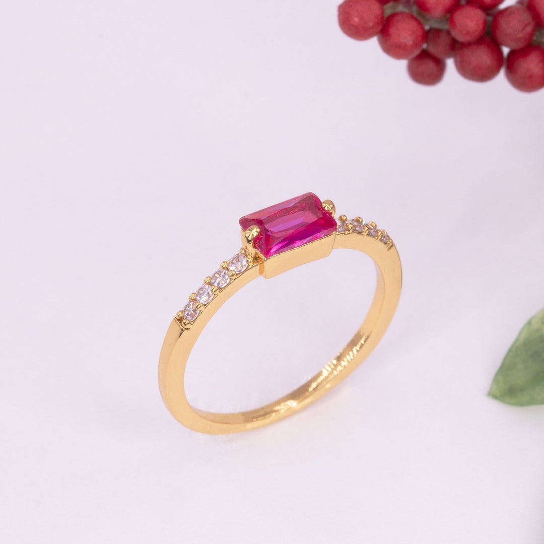 Pink Baguette Gem Ring: Gold Silver Plated Dainty CZ Band - Etsy