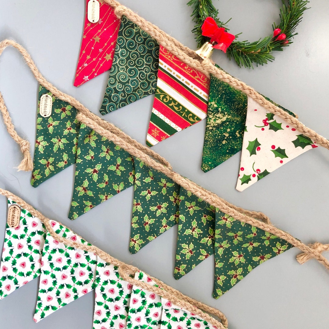 Christmas Festive Mini Bunting Handmade Upcycled Fabric - Etsy UK