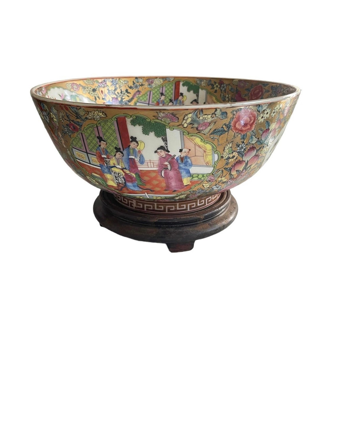 Antique Rose Medallion Punch Bowl on Stand - Etsy