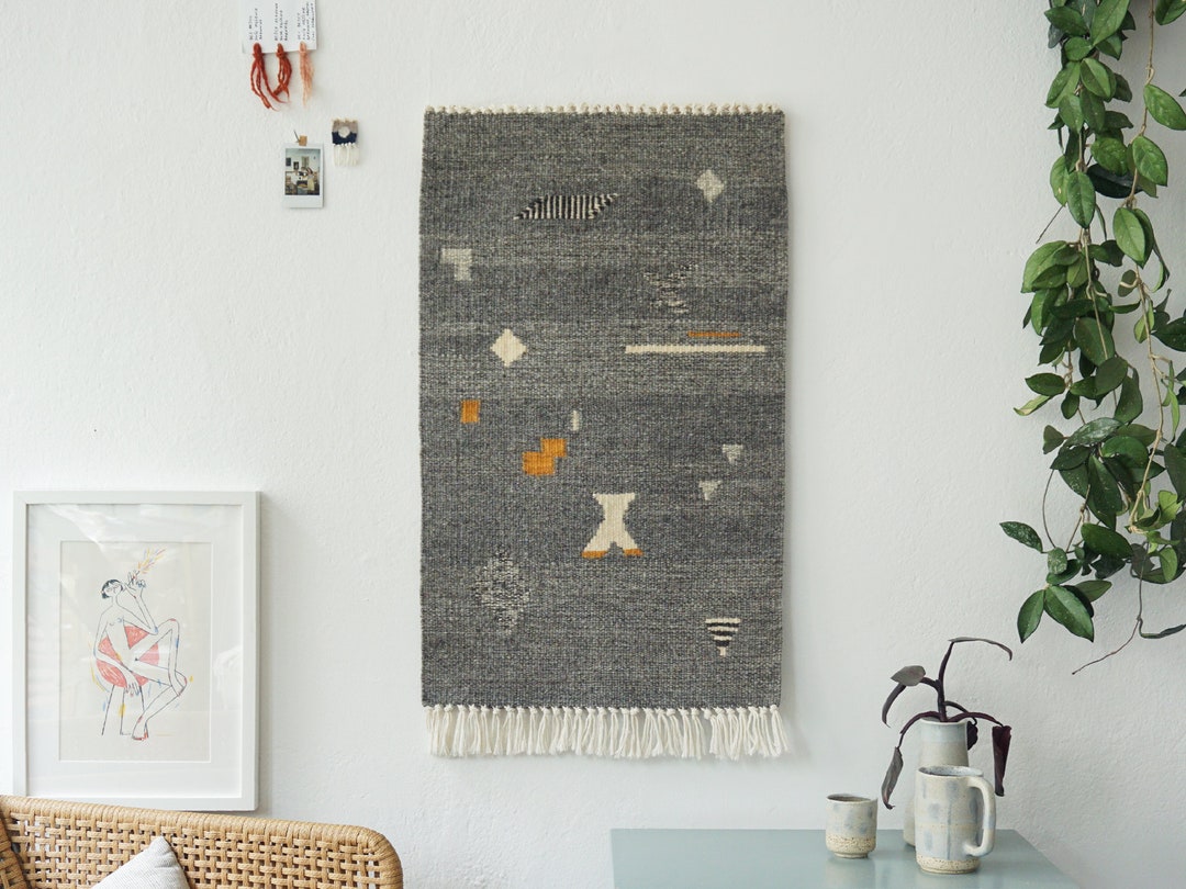RANDOM SHAPES Gray | Handwoven Woolen Rug | Wall Textile Weaving ...